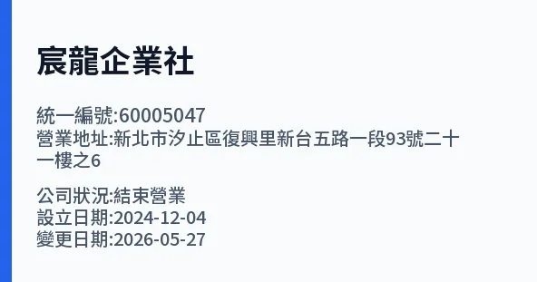 宸龍企業社的照片-統編 60005047(新北市) 公司登記資料與營業項目詳細圖表