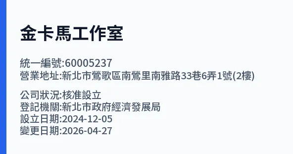 金卡馬工作室的照片-統編 60005237(新北市) 公司登記資料與營業項目詳細圖表