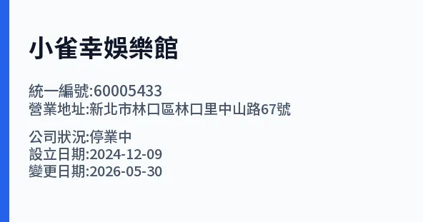 小雀幸娛樂館的照片-統編 60005433(新北市) 公司登記資料與營業項目詳細圖表