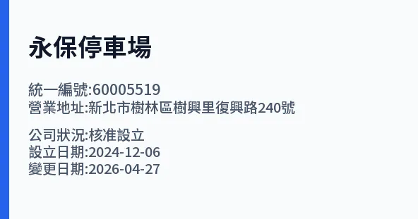 永保停車場的照片-統編 60005519(新北市) 公司登記資料與營業項目詳細圖表