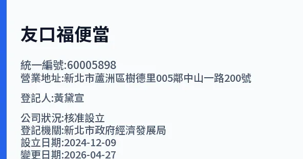 友口福便當的照片-統編 60005898(新北市) 公司登記資料與營業項目詳細圖表