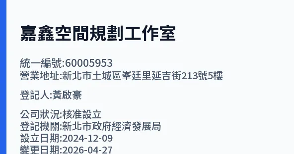 嘉鑫空間規劃工作室的照片-統編 60005953(新北市) 公司登記資料與營業項目詳細圖表