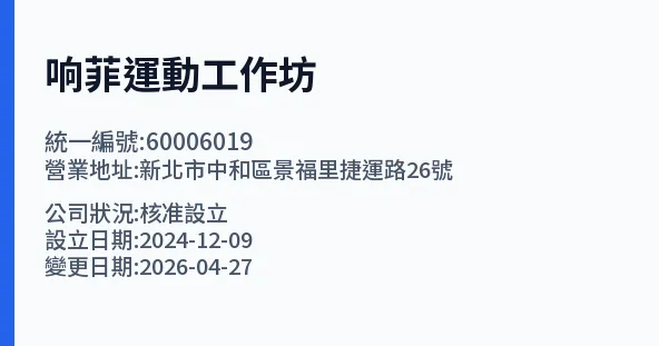 响菲運動工作坊的照片-統編 60006019(新北市) 公司登記資料與營業項目詳細圖表