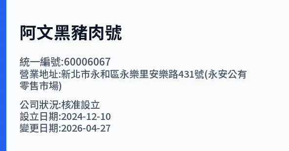 阿文黑豬肉號的照片-統編 60006067(新北市) 公司登記資料與營業項目詳細圖表