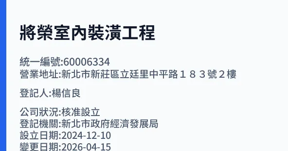 將榮室內裝潢工程的照片-統編 60006334(新北市) 公司登記資料與營業項目詳細圖表