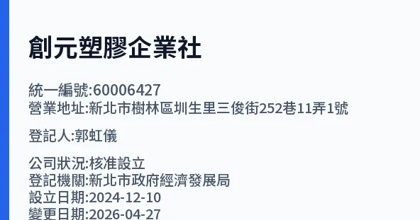 創元塑膠企業社的照片-統編 60006427(新北市) 公司登記資料與營業項目詳細圖表