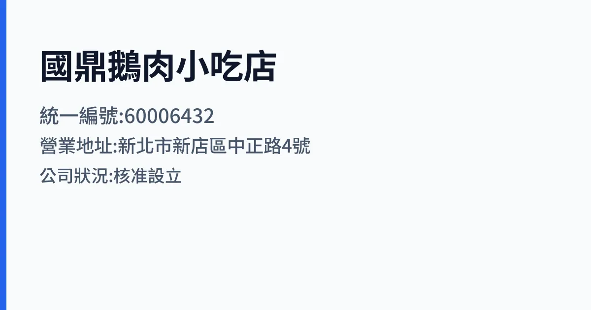 國鼎鵝肉小吃店 - 統編 60006432(新北市) 公司登記資料與營業項目詳細圖表
