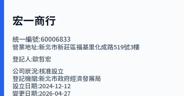 宏一商行的照片-統編 60006833(新北市) 公司登記資料與營業項目詳細圖表