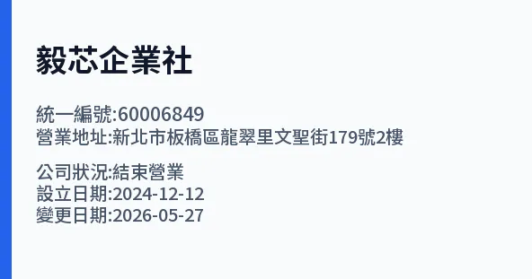 毅芯企業社的照片-統編 60006849(新北市) 公司登記資料與營業項目詳細圖表
