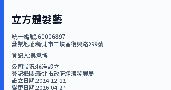 立方體髮藝的照片-統編 60006897(新北市) 公司登記資料與營業項目詳細圖表