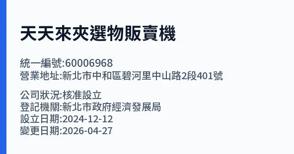 天天來夾選物販賣機的照片-統編 60006968(新北市) 公司登記資料與營業項目詳細圖表