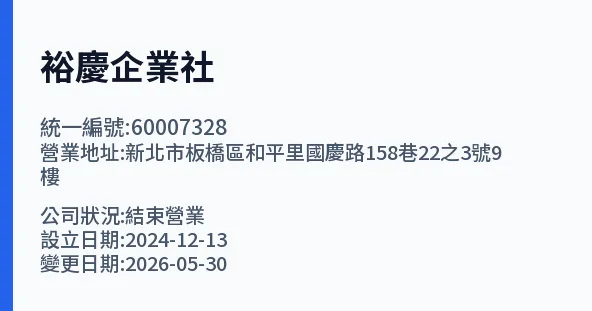 裕慶企業社的照片-統編 60007328(新北市) 公司登記資料與營業項目詳細圖表