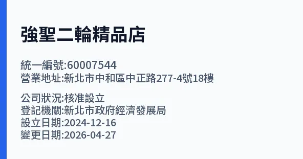 強聖二輪精品店的照片-統編 60007544(新北市) 公司登記資料與營業項目詳細圖表