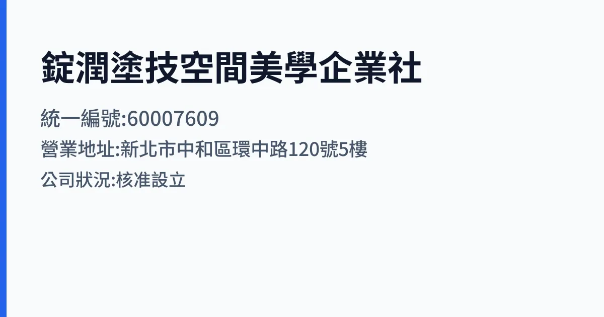 錠潤塗技空間美學企業社 - 統編 60007609(新北市) 公司登記資料與營業項目詳細圖表