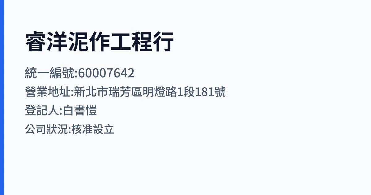 睿洋泥作工程行 - 統編 60007642(新北市) 公司登記資料與營業項目詳細圖表
