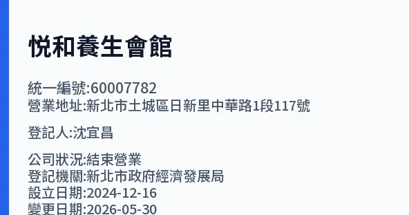 悦和養生會館的照片-統編 60007782(新北市) 公司登記資料與營業項目詳細圖表