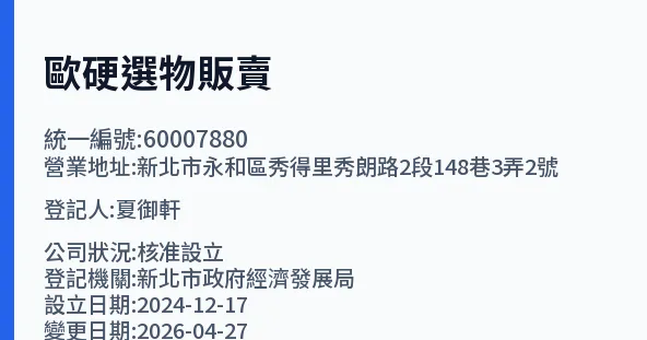 歐硬選物販賣的照片-統編 60007880(新北市) 公司登記資料與營業項目詳細圖表