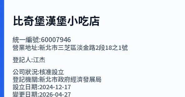 比奇堡漢堡小吃店的照片-統編 60007946(新北市) 公司登記資料與營業項目詳細圖表