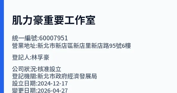 肌力豪重要工作室的照片-統編 60007951(新北市) 公司登記資料與營業項目詳細圖表