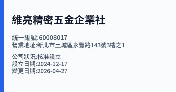 維亮精密五金企業社的照片-統編 60008017(新北市) 公司登記資料與營業項目詳細圖表