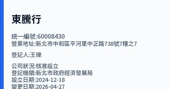 東騰行的照片-統編 60008430(新北市) 公司登記資料與營業項目詳細圖表
