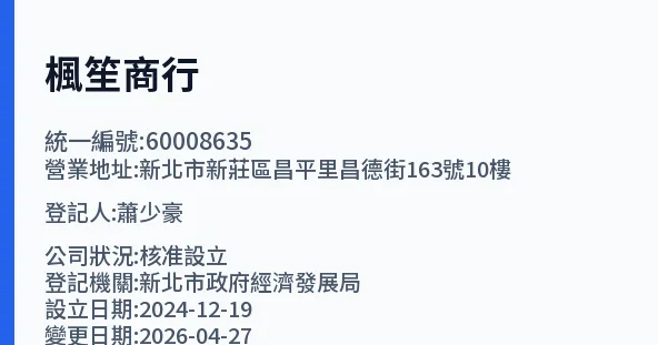 楓笙商行的照片-統編 60008635(新北市) 公司登記資料與營業項目詳細圖表