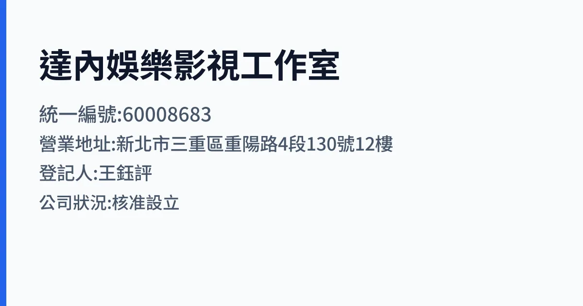 達內娛樂影視工作室 - 統編 60008683 (新北市) 公司登記資料與營業項目詳細圖表