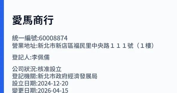 愛馬商行的照片-統編 60008874(新北市) 公司登記資料與營業項目詳細圖表