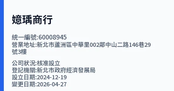 嬑瑀商行的照片-統編 60008945(新北市) 公司登記資料與營業項目詳細圖表