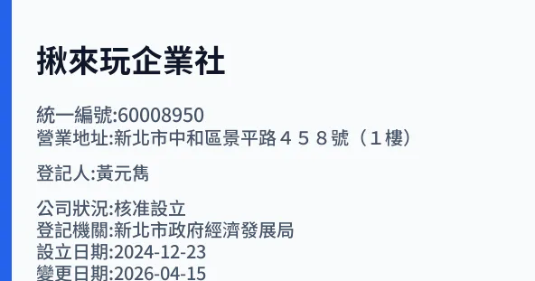 揪來玩企業社的照片-統編 60008950(新北市) 公司登記資料與營業項目詳細圖表