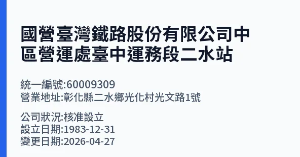 國營臺灣鐵路股份有限公司中區營運處臺中運務段二水站的照片-統編 60009309(彰化縣) 公司登記資料與營業項目詳細圖表