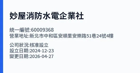 妙屋消防水電企業社的照片-統編 60009368(新北市) 公司登記資料與營業項目詳細圖表