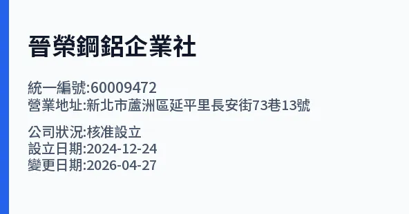 晉榮鋼鋁企業社的照片-統編 60009472(新北市) 公司登記資料與營業項目詳細圖表