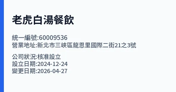 老虎白湯餐飲的照片-統編 60009536(新北市) 公司登記資料與營業項目詳細圖表