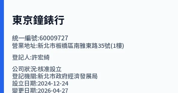 東京鐘錶行的照片-統編 60009727(新北市) 公司登記資料與營業項目詳細圖表