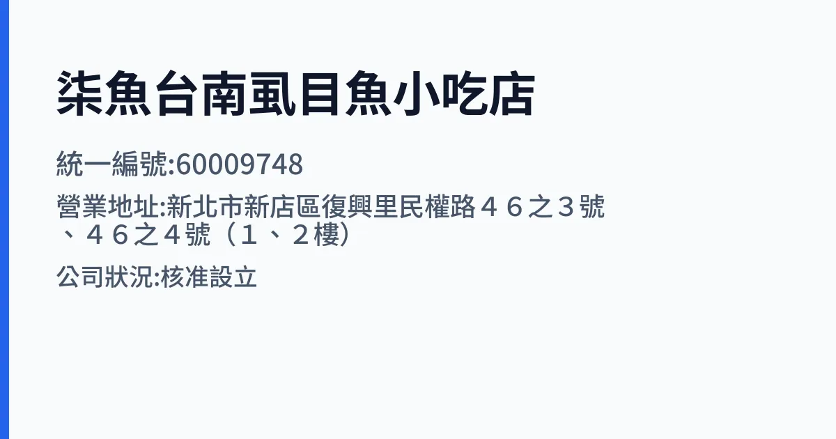 柒魚台南虱目魚小吃店 - 統編 60009748（新北市） 公司登記資料與營業項目詳細圖表