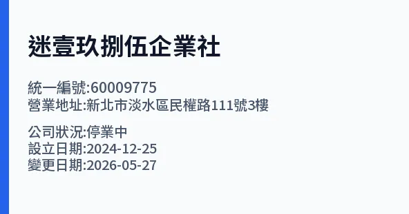 迷壹玖捌伍企業社的照片-統編 60009775(新北市) 公司登記資料與營業項目詳細圖表
