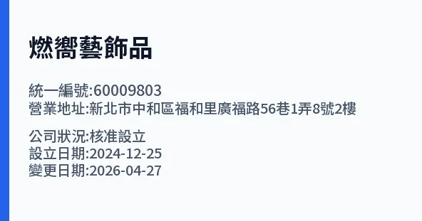 燃嚮藝飾品的照片-統編 60009803(新北市) 公司登記資料與營業項目詳細圖表