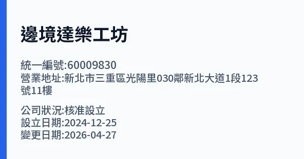邊境達樂工坊的照片-統編 60009830(新北市) 公司登記資料與營業項目詳細圖表