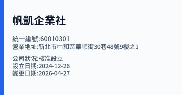 帆凱企業社的照片-統編 60010301(新北市) 公司登記資料與營業項目詳細圖表