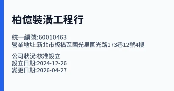 柏億裝潢工程行的照片-統編 60010463(新北市) 公司登記資料與營業項目詳細圖表