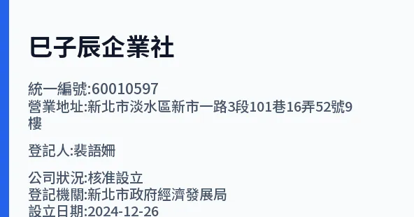 巳子辰企業社的照片-統編 60010597(新北市) 公司登記資料與營業項目詳細圖表