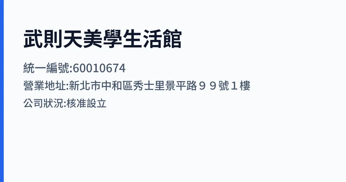 武則天美學生活館 - 統編 60010674(新北市) 公司登記資料與營業項目詳細圖表