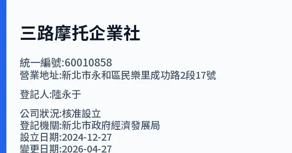 三路摩托企業社的照片-統編 60010858(新北市) 公司登記資料與營業項目詳細圖表