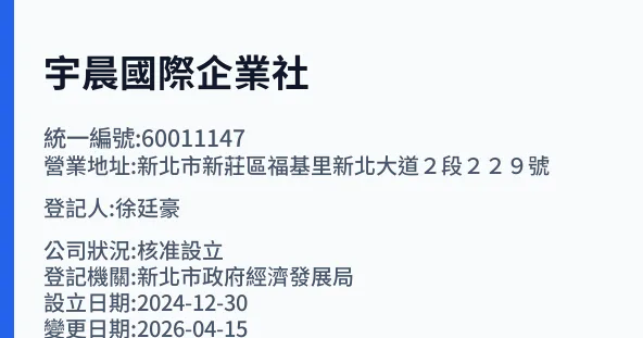 宇晨國際企業社的照片-統編 60011147(新北市) 公司登記資料與營業項目詳細圖表