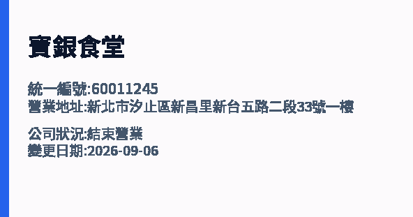 寶銀食堂的照片-統編 60011245(新北市) 公司登記資料與營業項目詳細圖表