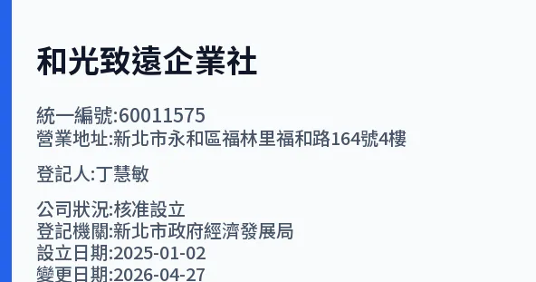 和光致遠企業社的照片-統編 60011575(新北市) 公司登記資料與營業項目詳細圖表
