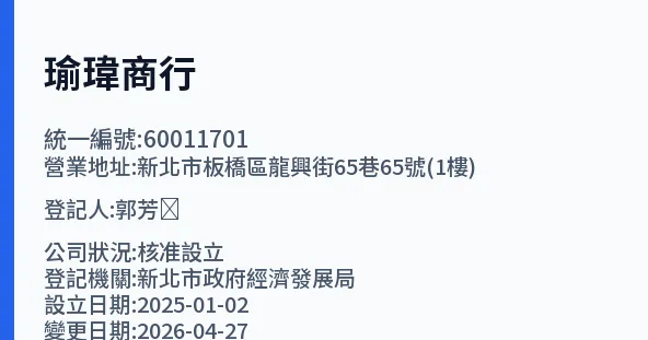 瑜瑋商行的照片-統編 60011701(新北市) 公司登記資料與營業項目詳細圖表