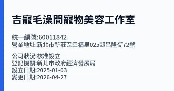 吉寵毛澡間寵物美容工作室的照片-統編 60011842(新北市) 公司登記資料與營業項目詳細圖表