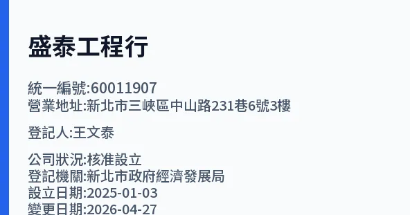盛泰工程行的照片-統編 60011907(新北市) 公司登記資料與營業項目詳細圖表